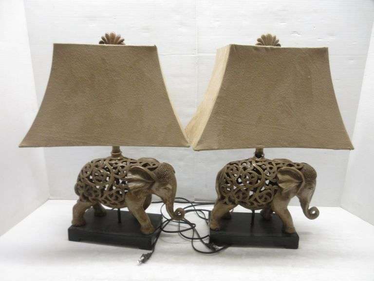(2) Carved elephant lamps with shades, 26"H - Albrecht Auction Service