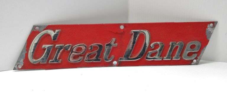 Antique "Great Dane" Truck Steel Emblem, 14" x 4", red paint, heavil ...