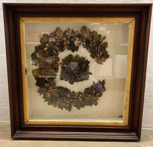 Victorian mourning wreath shadow box, 32"W x 7"D x 32"H, wear from age ...
