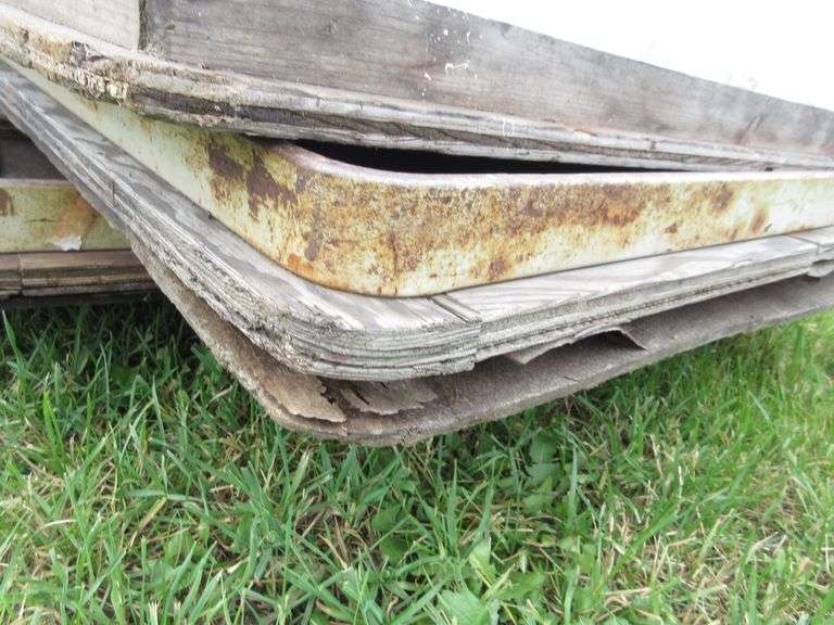 (3) Long wood banquet tables with folding legs for storage, rotted ...