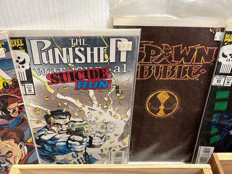 (2) Wooden Marvel comic crates, 11 1/2" x 7 1/4" x 3 1/2"H; (5) Comics ...