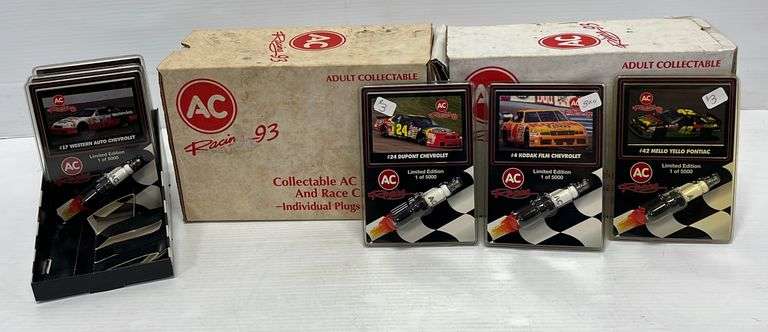 (2) Boxes of AC collectible spark plugs and racing trading cards from ...
