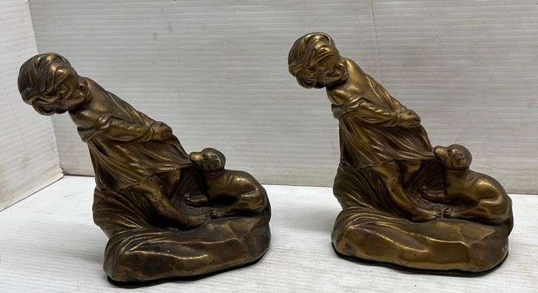 Pair of older bookends, Dog tugging on little girl dress, signed S ...