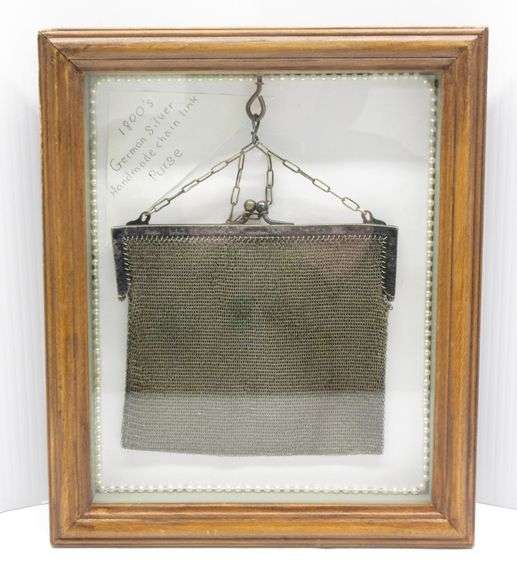 Very old silver ornate mesh link purse in shadow box frame, purse- 6"W ...