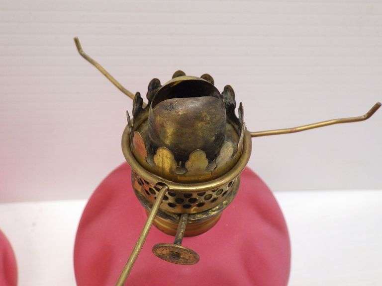 Older cranberry coin dot oil lamp, missing hurricane shade, unstable on ...