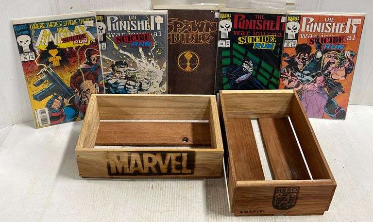 (2) Wooden Marvel comic crates, 11 1/2" x 7 1/4" x 3 1/2"H; (5) Comics ...
