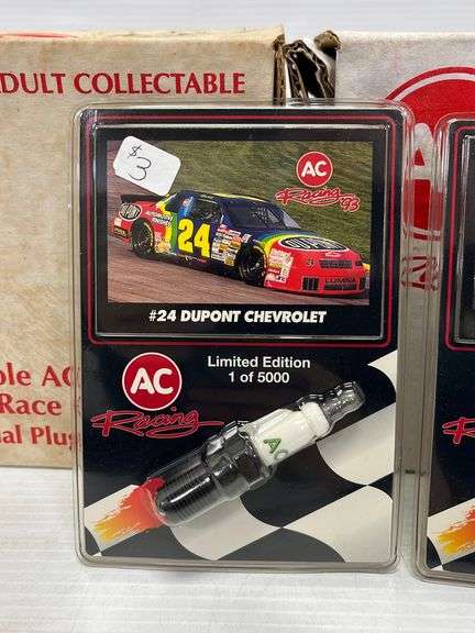 (2) Boxes of AC collectible spark plugs and racing trading cards from ...