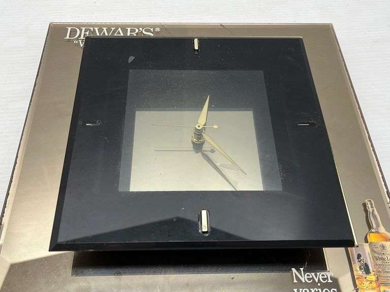 Collectible Dewar's Whiskey clock, 12" x 12", wear on mirror edge, two ...