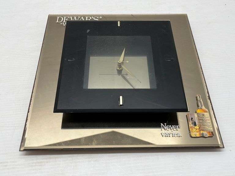 Collectible Dewar's Whiskey clock, 12" x 12", wear on mirror edge, two ...