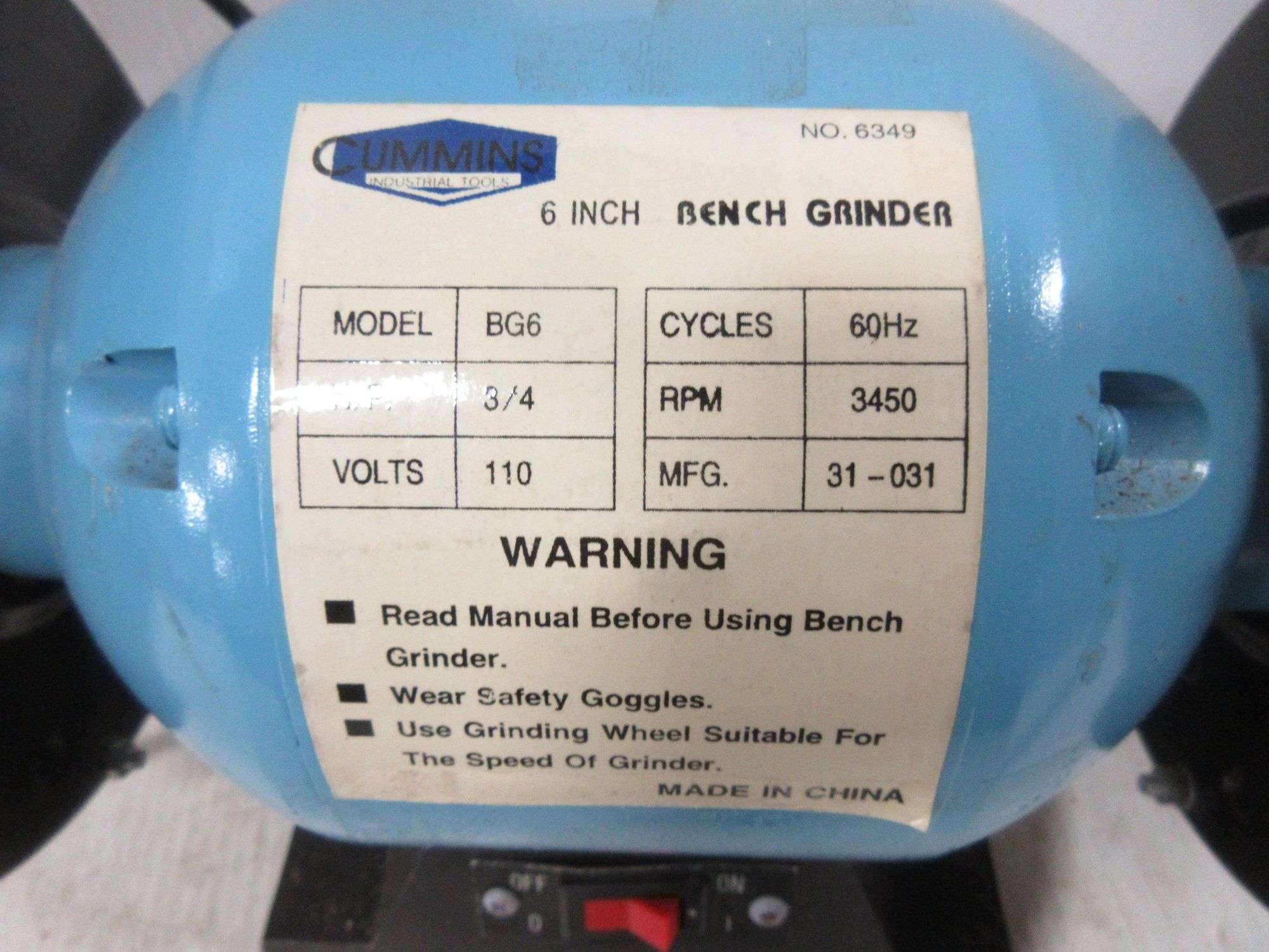 Cummins 6 3 4 HP bench grinder model BG6 120V heavy duty includes fine and coarse stone grinders both new grinder like new Albrecht Auction Service