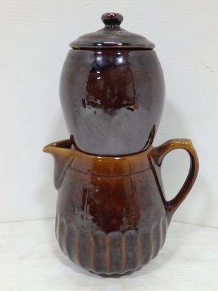 Glazed english stoneware pitcher, 6 1/2" x 8"; 3-Piece stoneware ...
