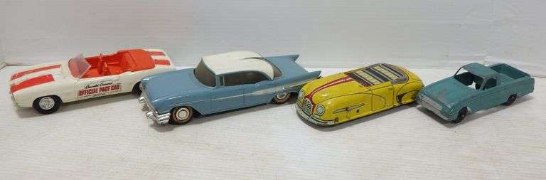 (4) Total cars, include: Mars Toy Co. yellow tin wind up toy car, shell ...