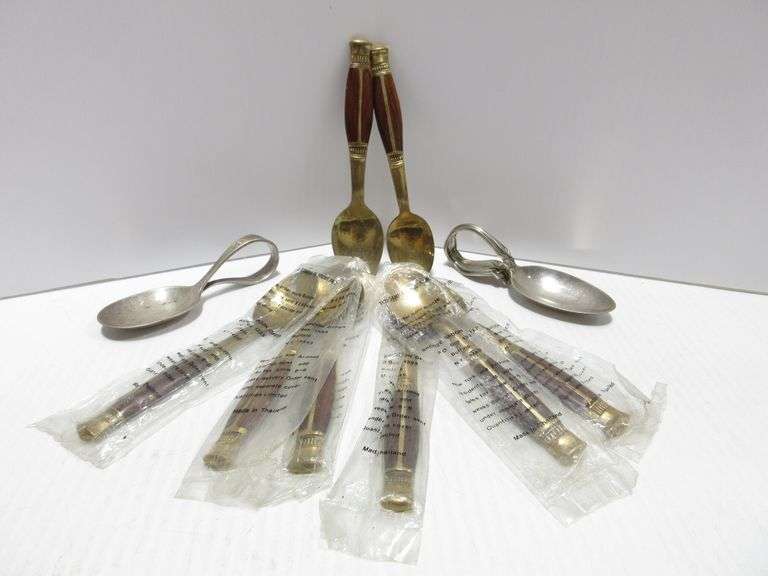 (8) Brass and teak wood spoons, 4 5/8"L, two spoons with shaped bent ...