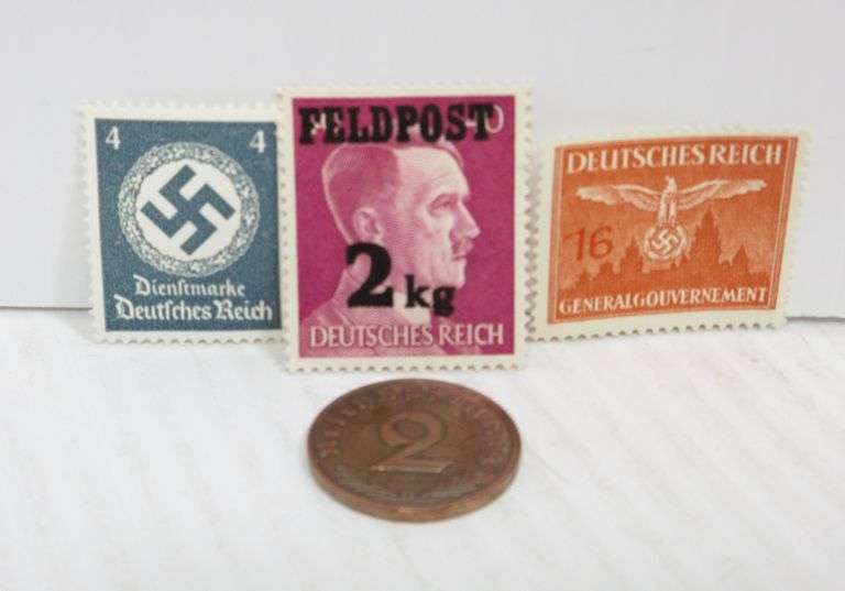 (3) Hitler stamps and a 1939 Hitler coin - Albrecht Auction Service