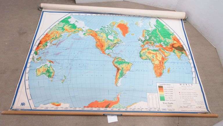 Rollup wall mount world map from the 70s, 61"W - Albrecht Auction Service