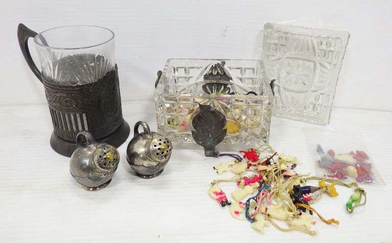 Antique glass with metal stein, (2) NSC 555 salt and pepper shakers ...