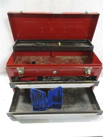 Red Sears Craftsman metal toolbox with flip open top, three slide out ...