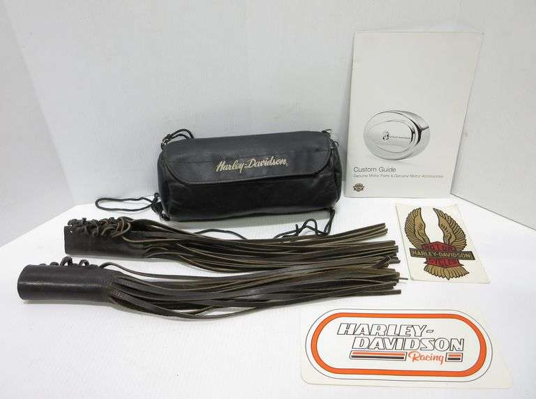 Harley Davidson leather handlebar bag, used; 14" Fringe handlebar grips ...