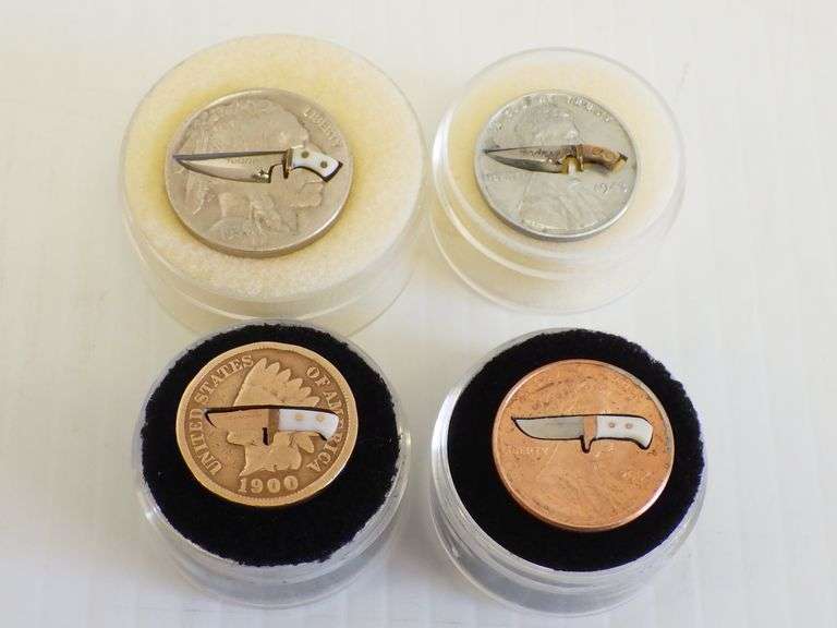 (4) US Collector coins with mini knife cutouts, includes: 1943 Steel ...