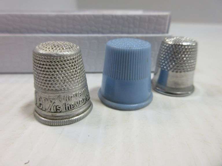(22) Vintage thimbles, different sizes, some with names and advertising ...