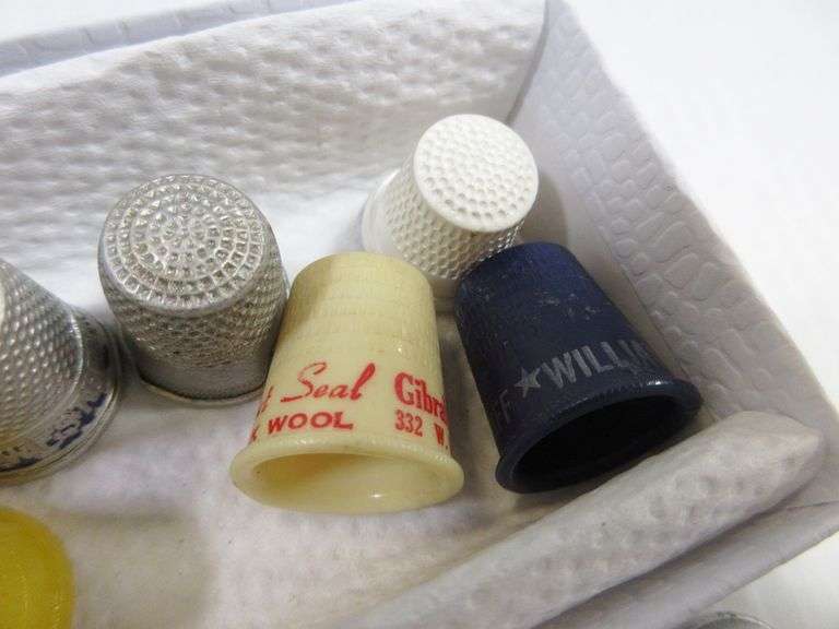 (22) Vintage thimbles, different sizes, some with names and advertising ...
