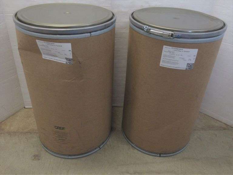 (2) Cardboard barrels with steel bottom and lid with locking ring ...