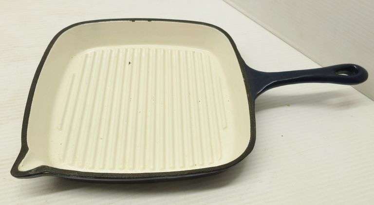 Technique cast iron blue and white enameled square frying pan with ...