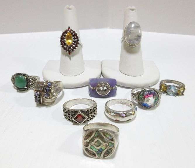 (10) Silver rings in varying sizes, some stamped .925, some stamped ...