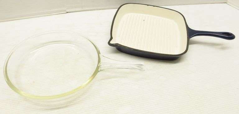 Technique cast iron blue and white enameled square frying pan with ...