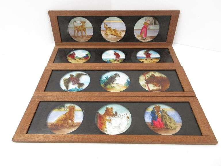 (4) Antique large format Magic Lantern with glass slides, (3) circle ...
