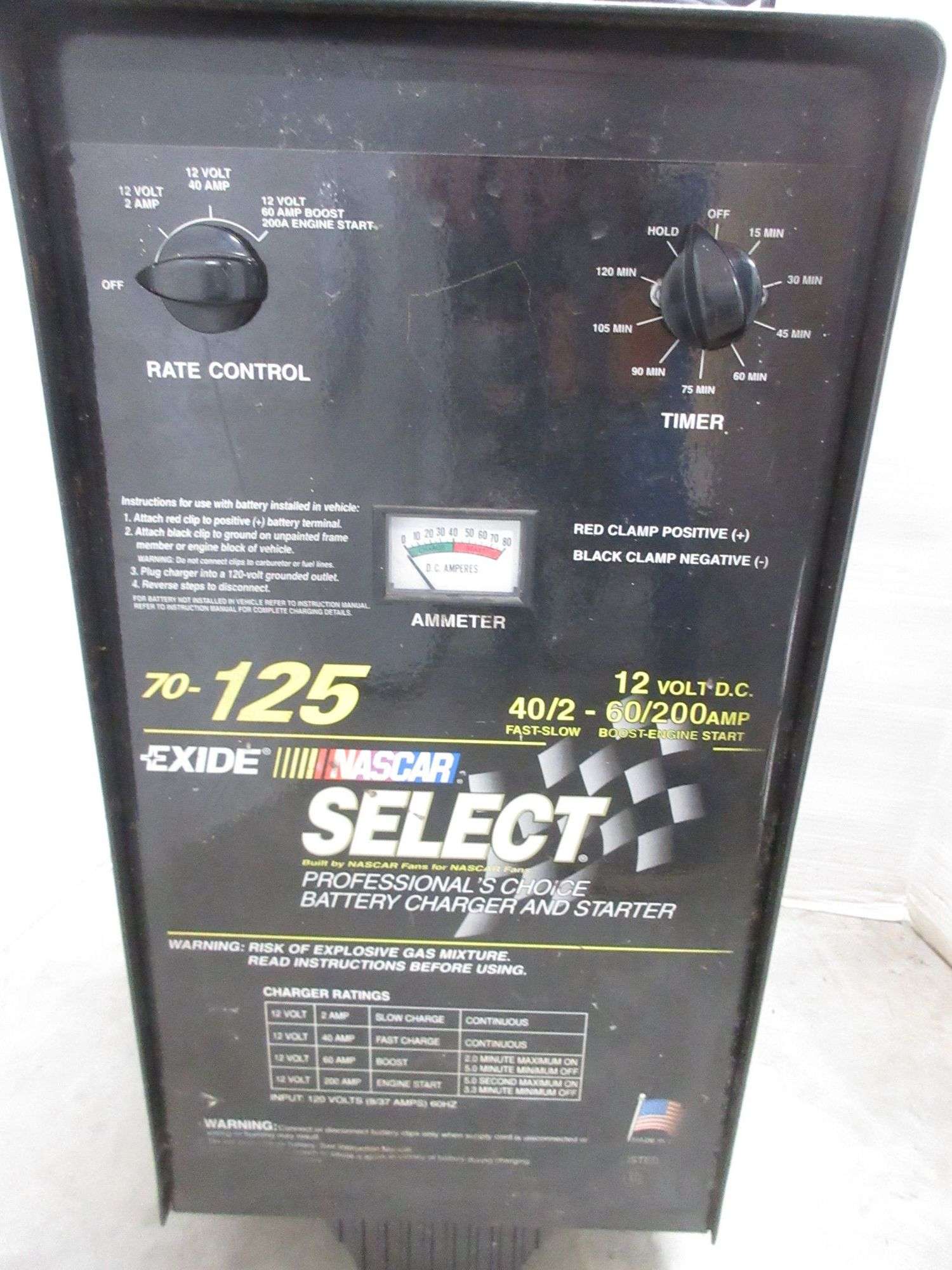 Exide NASCAR select professional s choice battery charger and starter 12V 4012 601 200 AMP works great Albrecht Auction Service