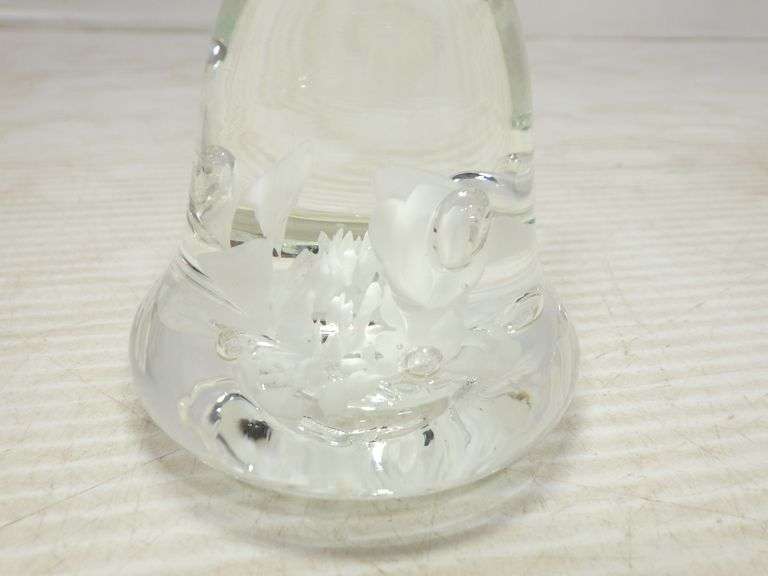 Original Joe St. Rice art glass bell shaped paperweight white flowers ...