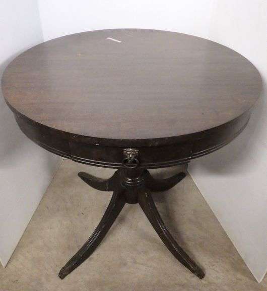 Solid wood table with drawer, 28"W x 26 1/2"H, has wear on edges, chip ...