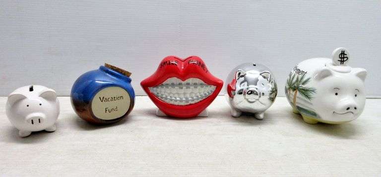 (4) Piggy banks, includes: 1- Hand Painted Retirement Pig; 1- Vacation ...
