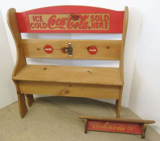 (2) Wood Coca-Cola bench and wood Coca-Cola shelf, Bench- 37"W, Shelf ...