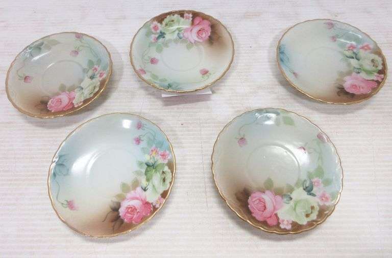 (5) Saucers with gold scalloped edges, pink roses, and painted vintage ...