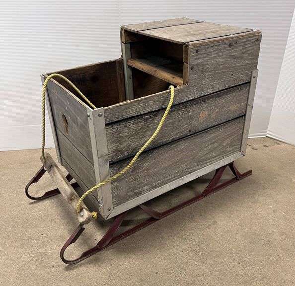 Wooden homemade box sleigh, antique, used, 25'W - Albrecht Auction Service