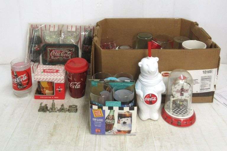 Coca-Cola gift set, include: Glass tray, Glass 4-piece set; (3) Coke ...