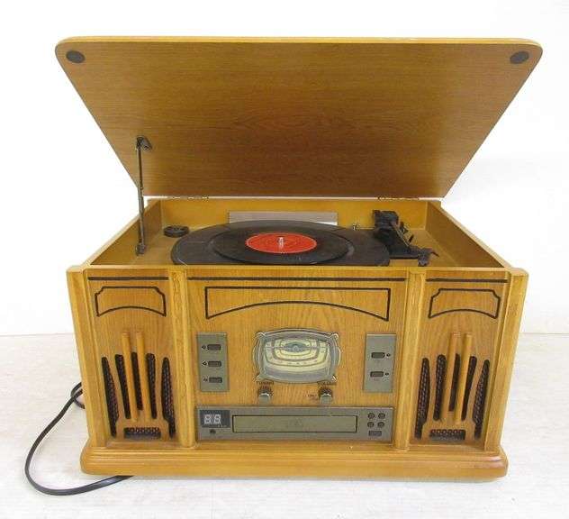 Oak AM/FM CD record player, 18 1/4" x 13 1/2"D x 10"H, wear on edges ...