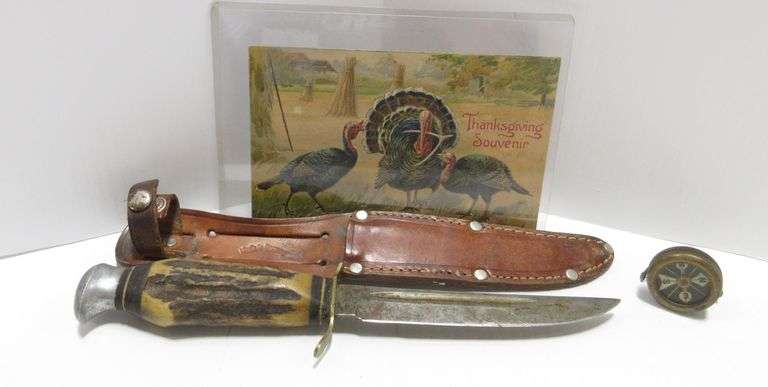 Marbles brass compass, made in Gladstone, MI; Fixed blade Olsen Knife ...