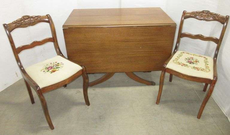 (2) Chairs and drop-leaf table with brass claw feet, table closed- 42"W ...