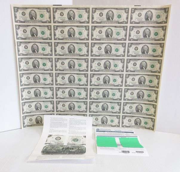 Uncut sheet of (32) 1995 $2 bills from the US Treasury - Albrecht ...