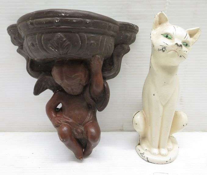 Older cast iron cat figurine, 10"H; Older plaster wall shelf, shows age ...