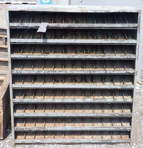 Nut and bolt bin with ninety-six compartments, fractional markings for ...