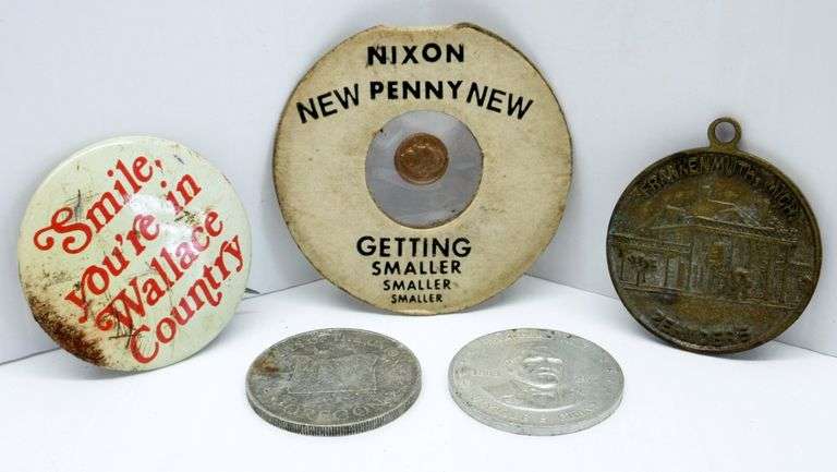 Older tokens and political buttons, include: Nixon penny, Wallace ...