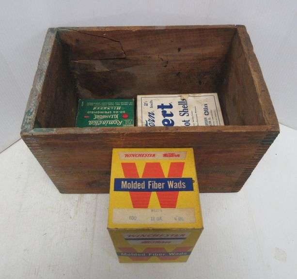 Ammo boxes, includes: Remington Express wood box, Western fiber wads ...