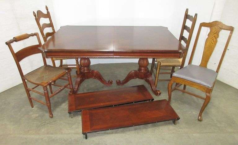 Two-pedestal dining table with scrolled feet and detailed edge, (2) 14 ...