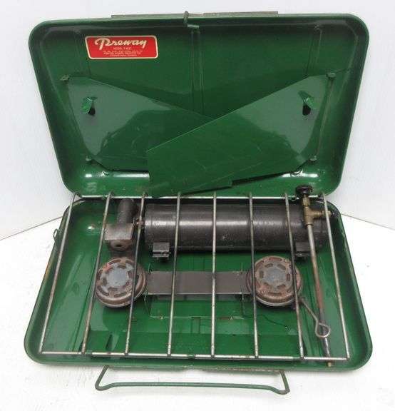 40's Preway camp cook stove, locks and has carry handle, 18"W x 11"D x ...
