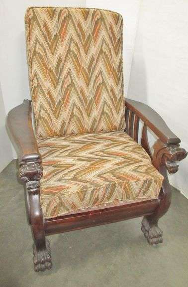 Antique wood slatted recliner with adjusting rod, griffin head arms and ...