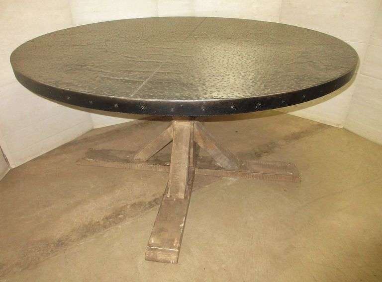 Rustic metal top kitchen table, 60"Dia x 30"H - Albrecht Auction Service